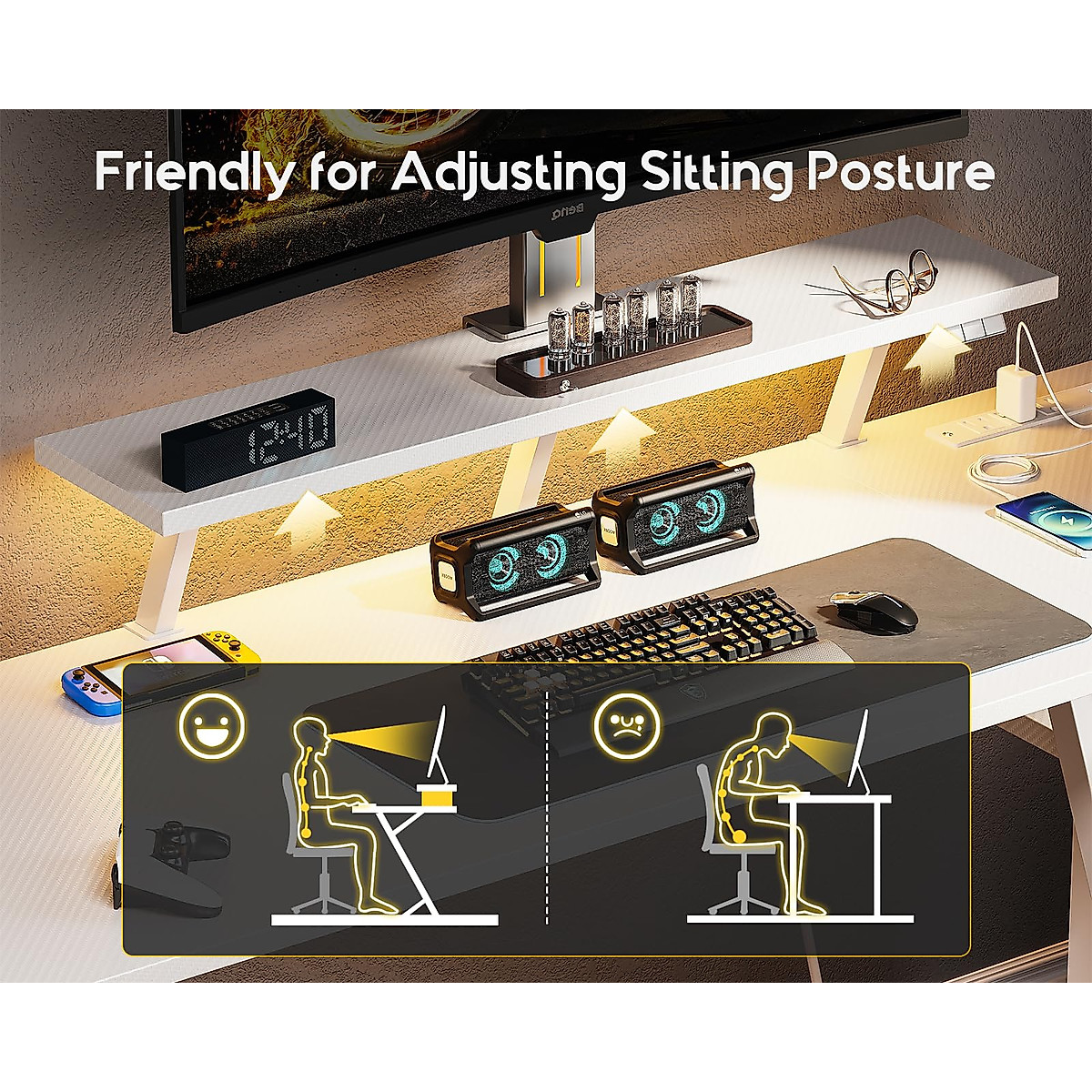 MOTPK White Gaming Desk L Shaped with LED Lights, Small Corner Computer Desk 39inch with Power Outlets, Gaming Table with PC Storage Shelf, Gamer Desk with Monitor Shelf, Carbon Fiber Texture