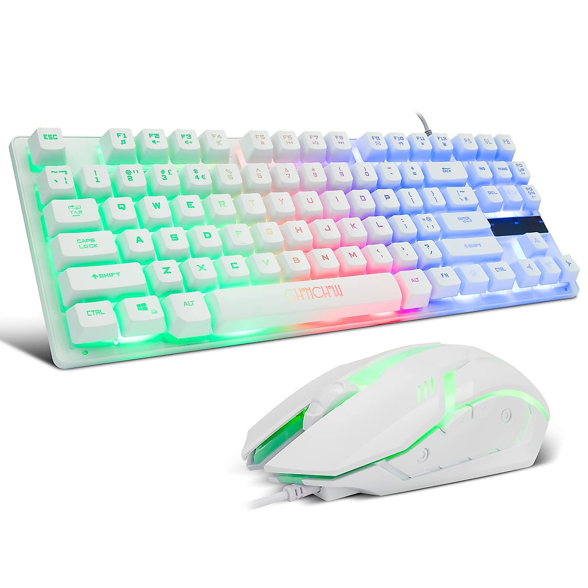 Gaming Keyboard 87 Key TKL Wired Keyboard,CHONCHOW Rainbow Led Backlit White Keyboard Mouse 3200DPI Cute Keyboard Combo Compatible with PC Laptop Ps4 Ps5 Xbox Gamer