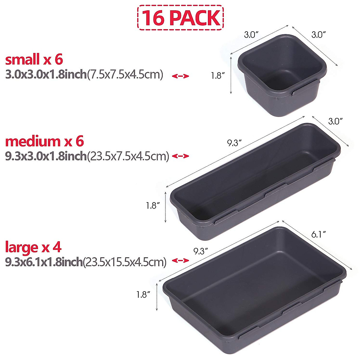 Set of 16 Interlocking Desk Drawer Organizer Tray Dividers Plastic Shallow Narrow Drawers Organizers Separators and Storage Bins Container for Kitchen Bathroom Makeup Office Vanity Bedroom Dresser