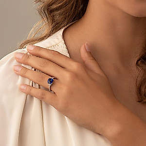 PEORA Solid 14K White Gold Created Blue Sapphire Ring with Genuine White Topaz, 3 Carats, Cushion Cut, 8mm, Size 5