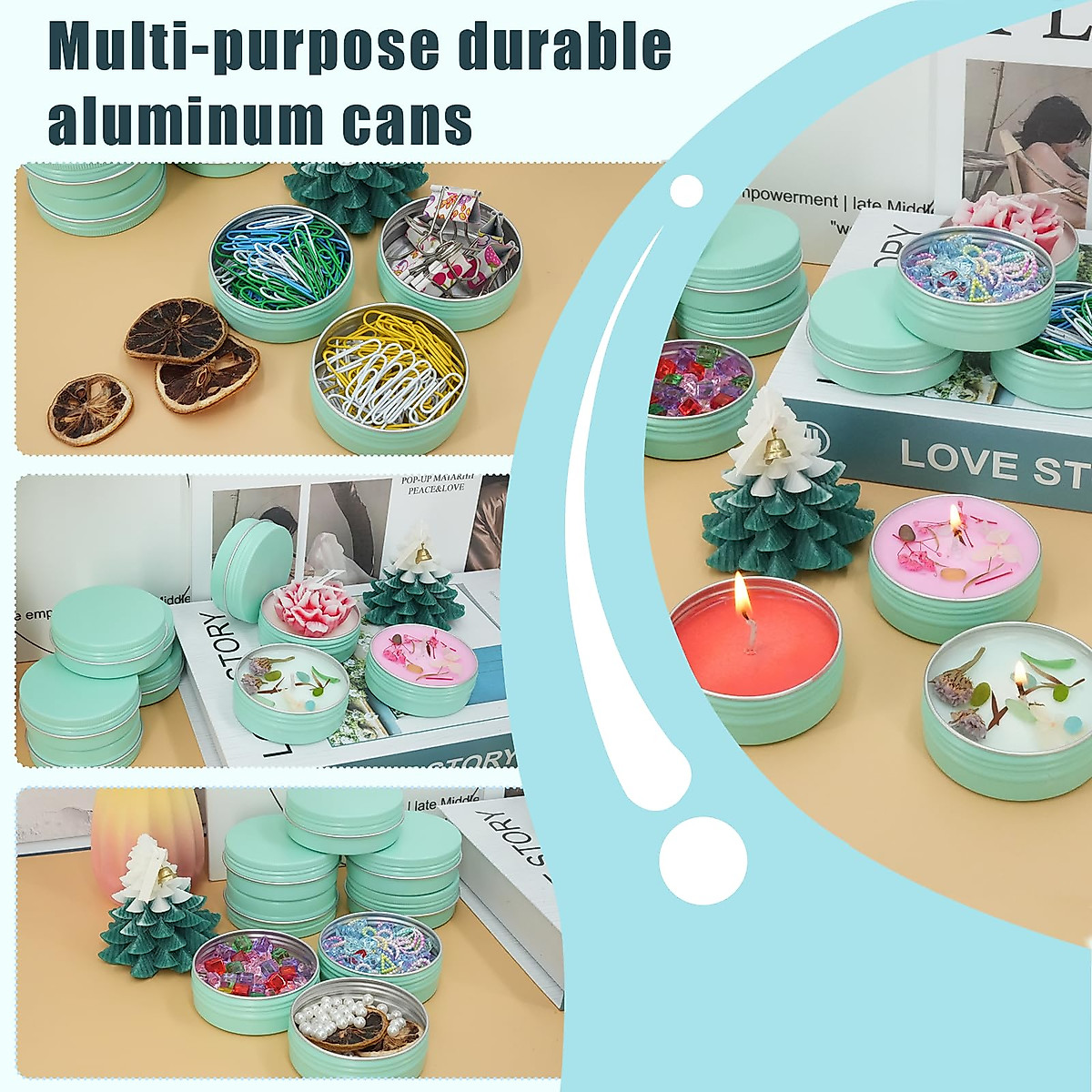 LIYAR 2 oz Tins with Lids for Salve 48 Pack Salve Tins 2oz Tins Container Round Cosmetic Tin Jars Ideal Candle Jars Aluminum Tin Cans with Screw Lids for Powder, Spice,Salve,Candles(Mint Green)