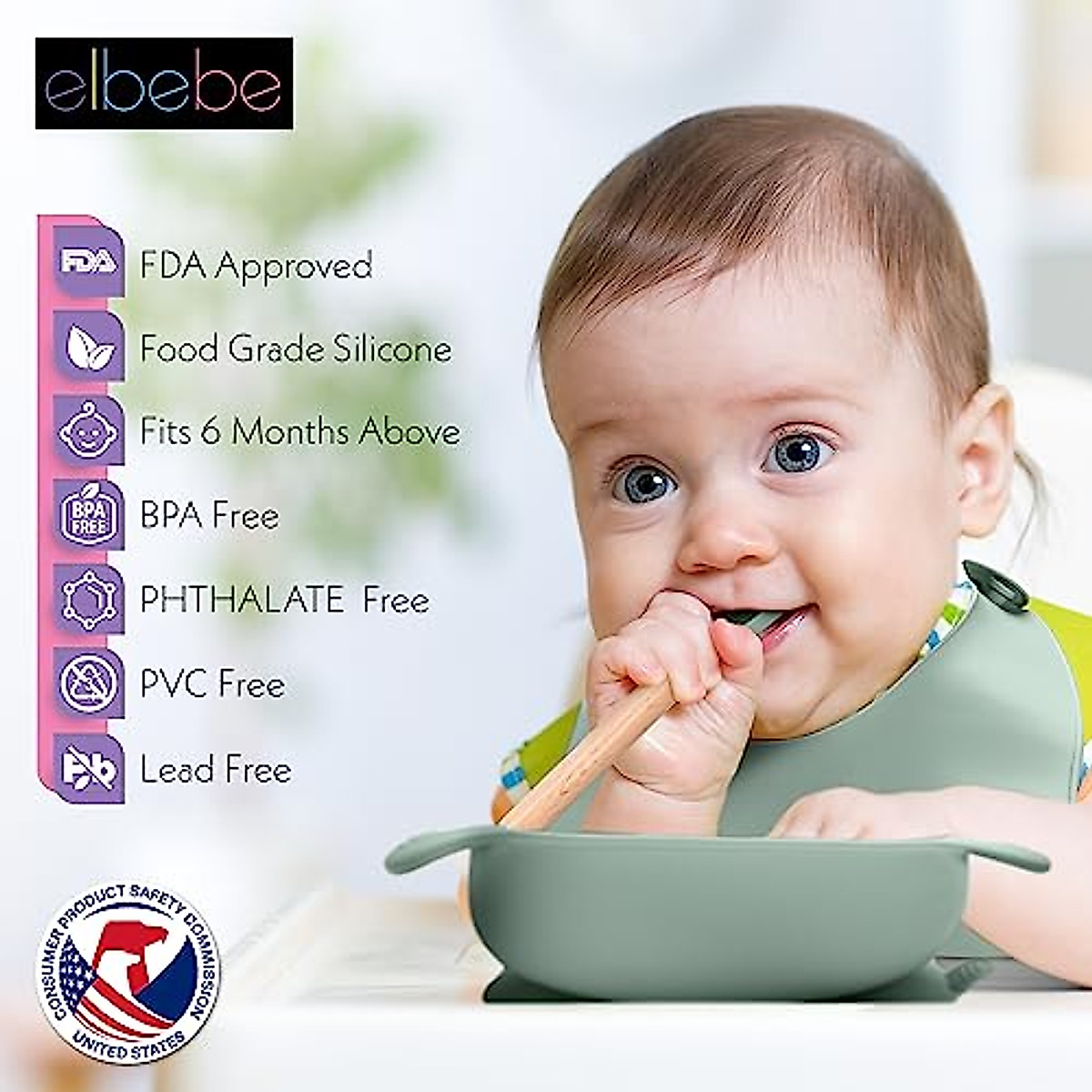 elbebe Silicone Baby Feeding Set - 7pcs Baby Led Weaning Supplies w/Strong Suction Cup - Baby Feeding Supplies, Baby Eating Supplies, Silicone Baby Plates and Bowls Set (Sea Mist Green)