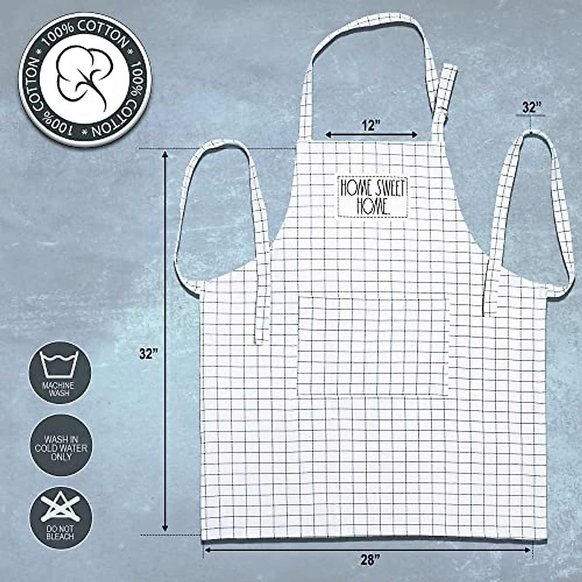Rae Dunn Kitchen Apron for Adults, Adjustable Aprons for Cooking with Long Strap and Ties, Baking, BBQ, Machine Washable, Cotton Window Pane Apron Embroidered HOME SWEET HOME