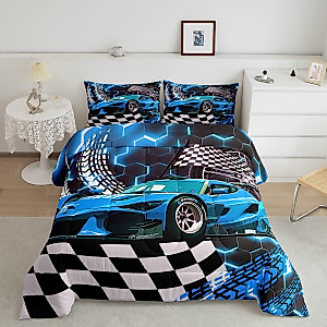 Toddler Race Car Bed for Boys,Teal Neon Lights Honeycomb Twin Size Bedding Set Cool Sports Car Glitter Beehive Geometric Hexagon Comforter Set,Black White Grid Lattice Quilt Buffalo Plaid Decor
