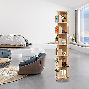 HOOMTLSY Rotating Bookshelf 360° Floor Standing Bookcase 6 Tier Multi-Functional Bookshelf Organizer Wood Display Cabinet Rotation Display Tower for Office Home Living Room Study