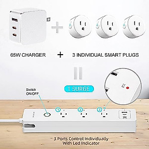ASOUNUSE Smart Power Strip, 65W USB C Charger for iphone15/14, MacBook and Samsung, Fast Charging Station with 2 USB C, 1 USB A Ports and 3 Smart Outlets, Works with App, Alexa, Google Home & Siri.