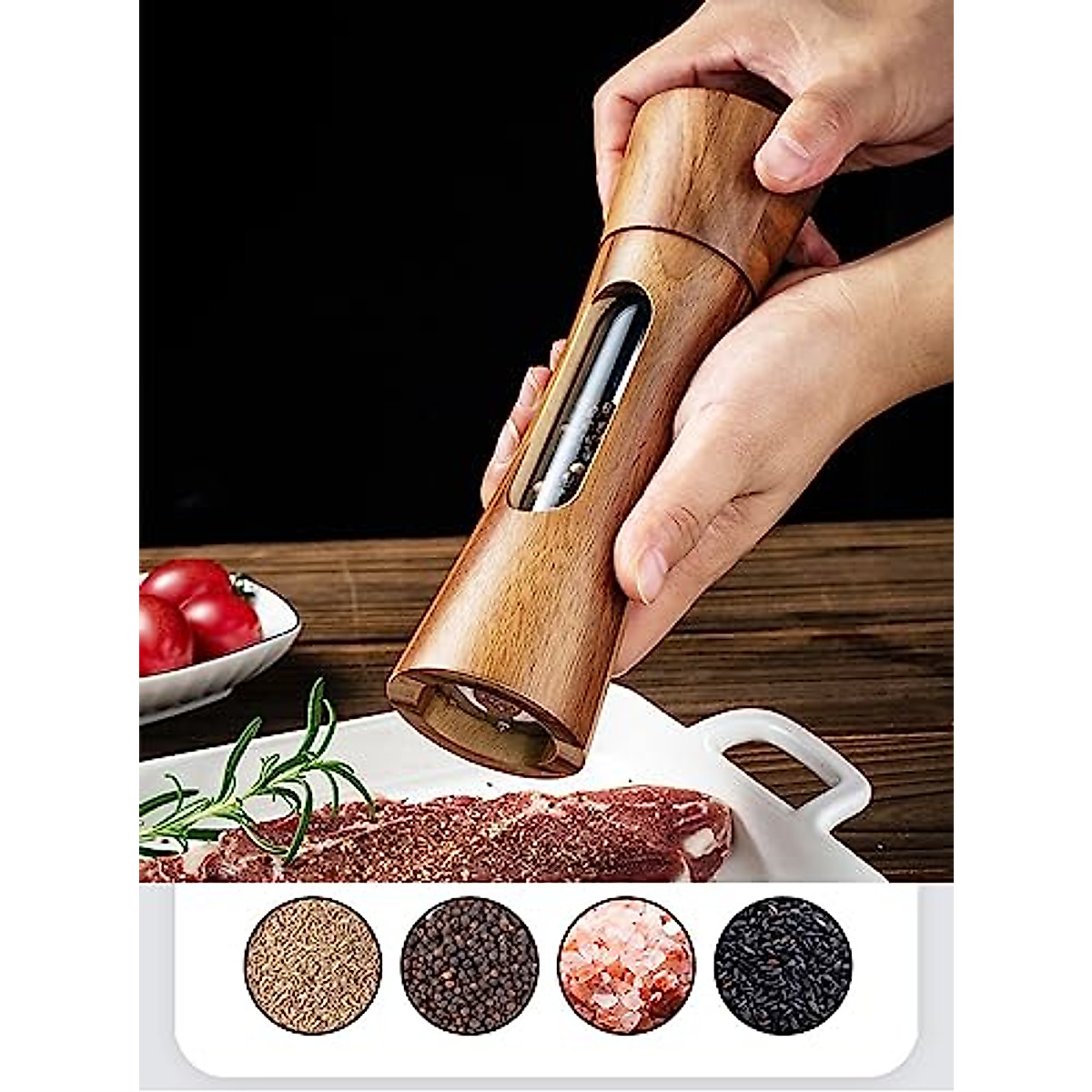 Ousyaah Salt and Pepper Grinder Set (2 Pack), Manual Wooden Salt and Pepper Shakers with Adjustable Ceramic Core and Visible Acrylic Window, Refillable Salt & Pepper Mill Set | Adjustable Coarseness