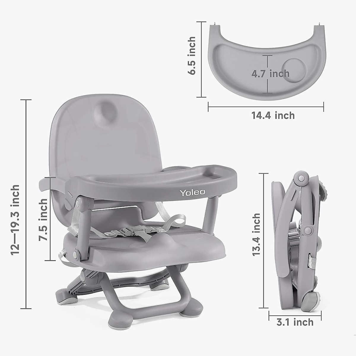 YOLEO Baby High Chair Booster Seat for Dining Table, Adjustable Height Travel Booster Seat with Tray, Toddler Booster Seat Easy Clean(Grey