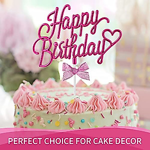 Hot Pink Happy Birthday Cake Topper Plastic - 3D Double Sided Happy Birthday Sign for Cake with Bow, Idea for Birthday Cake Decoration and Birthday Photo Booth Props (HOT PINK)