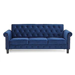 Furinno Bastia Vintage Modern Chesterfield Button Tufted 3-Seater Sofa Couch for Living Room, Navy Velvet