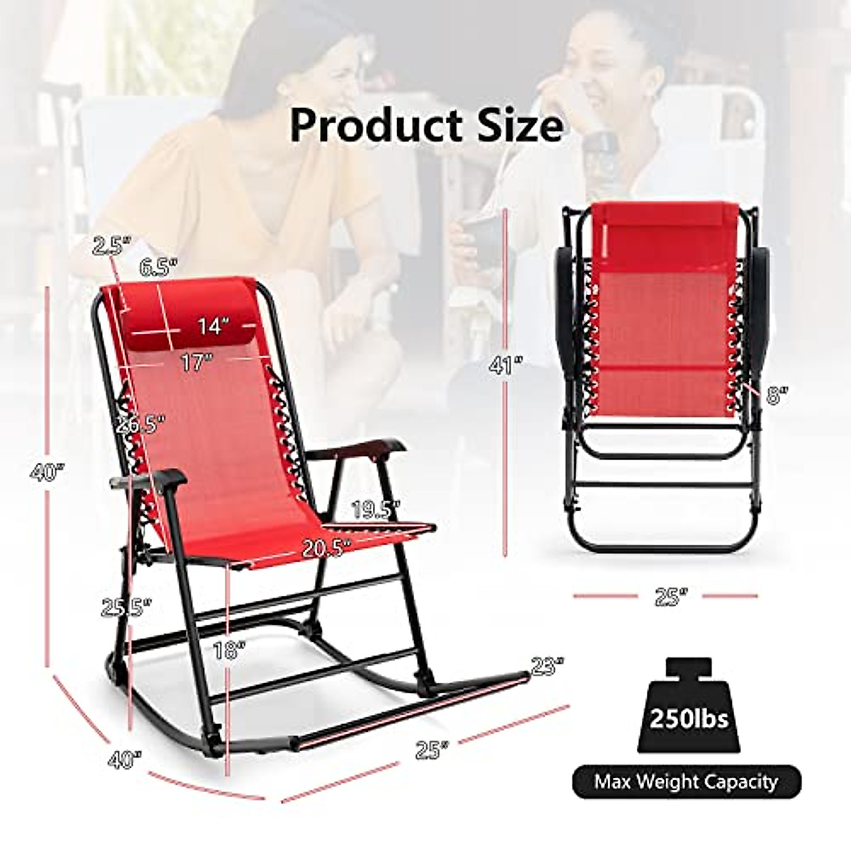 Tangkula Outdoor Folding Rocking Chair, No Assembly Required, Foldable Rocker Recliner with Headrest, Portable Lounge Chair for Camping, Patio, Lawn, Garden, Yard or Balcony
