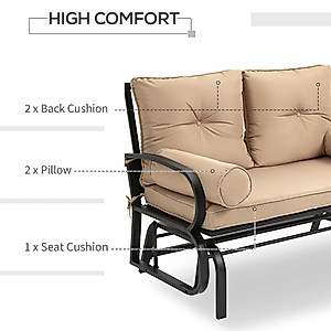 Outsunny Swing Glider Rocking Chair, Double Patio Bench, 2 Person Loveseat with Steel Frame, Cushions, Pillow Armrests, Khaki
