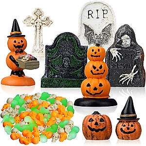 Wettarn 98 Pcs Halloween Miniatures Figurines Mini Tombstones Figurine Halloween Figurines Skulls Heads Resin Miniature Pumpkins Decor Garden Accessories Ornaments for Outdoor Home DIY Crafts Party