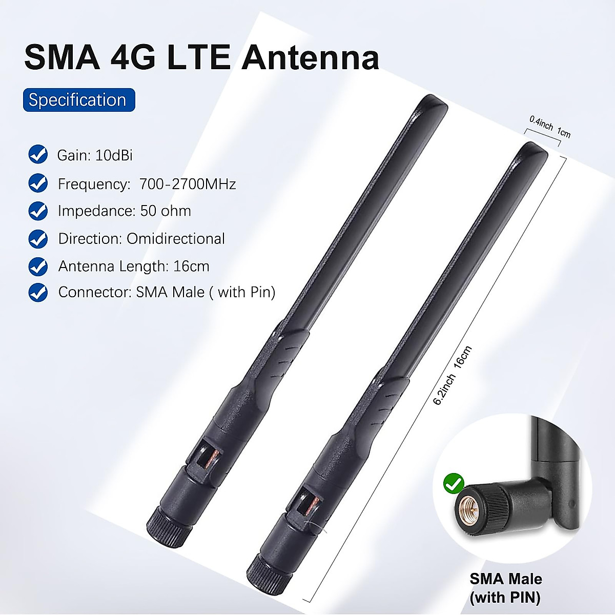 10dBi SMA 4G LTE Antenna, Network Antenna Cellular Antenna with SMA Male Connector, WiFi Aerial Router Antenna for Modem CPE Router Hotspot Wireless Network Card Outdoor Security Camera-2 Packs