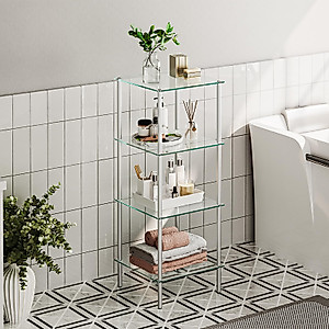 HOOBRO Glass Shelf, 4 Tier Standing Shelf Unit, Durable Glass Shelving Stand for Small Space, Space-Saving, for Bathroom, Bedroom, Home Office, Tempered Glass, Steel Frame, Silver SV04CJ01