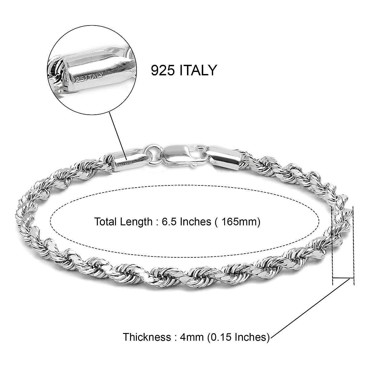 LeCalla 925 Sterling Silver Italian Diamond-Cut Braided Rope Chain Bracelet for Teen and Women 6.5 Inches