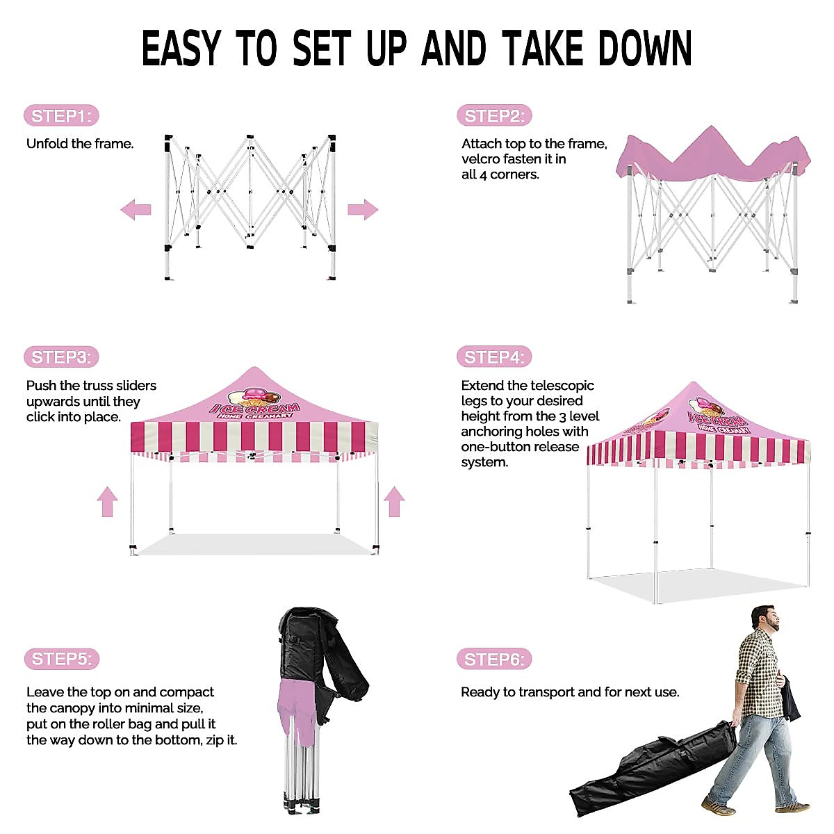 ABLEM8CANOPY Custom Canopy Tent 10x10 with Logo, Personalized Pop Up Canopy Tent with Optional Walls for Business Events, Trade Shows, Farmers Market, Roller Bag Included(ICE Cream)