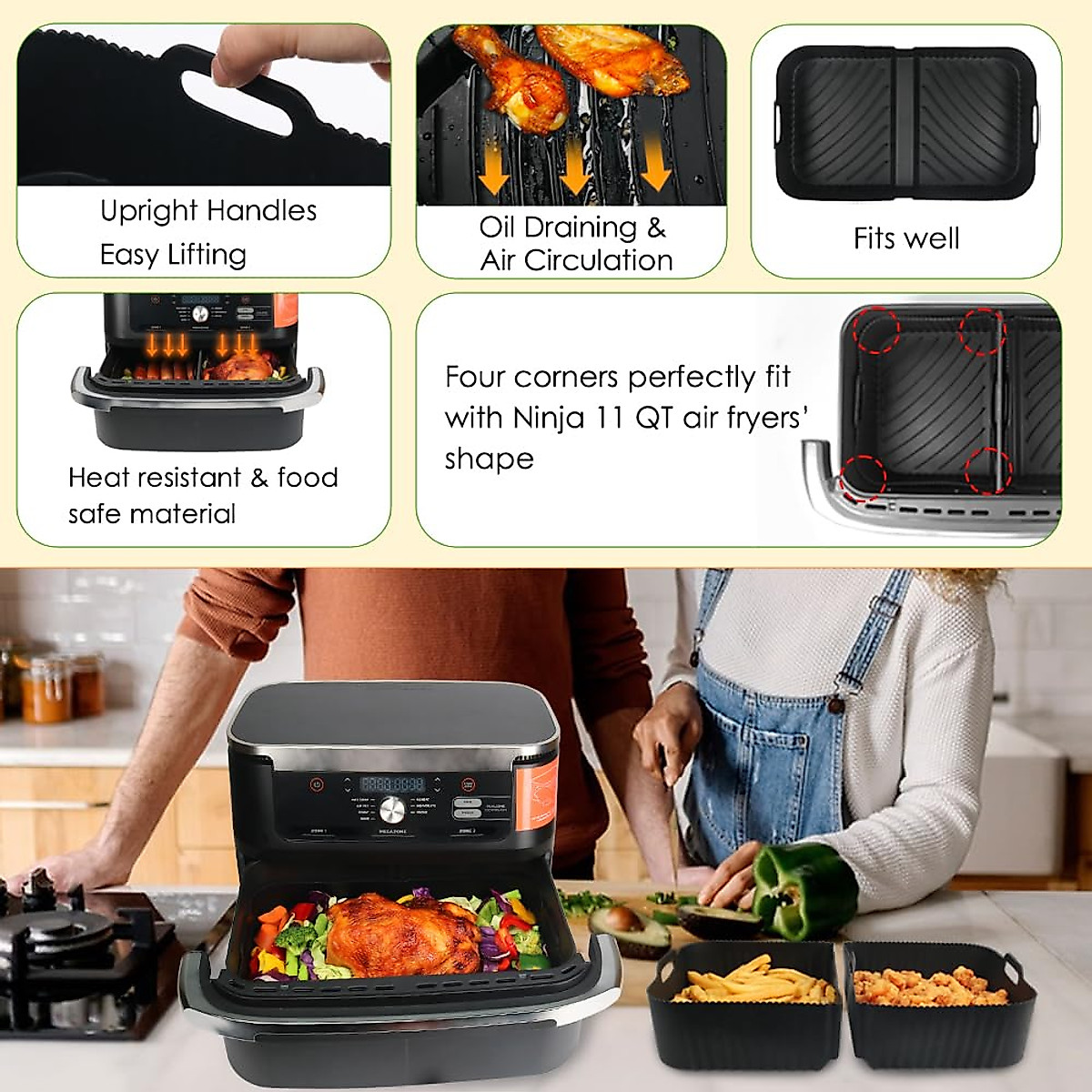 BYKITCHEN Air Fryer Silicone Liners for Ninja Foodi 11 Quart/Topzee 11-QT Large XL MegaZone FlexBasket Air Fryer, 2pcs Air Fryer Dual Liners & 1pcs Large Airfryer Liners for 11-qt Megazone