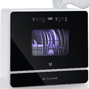 BLITZHOME Countertop Portable Dishwasher, 9 Programs, 167℉ High-Temp, 360° 3 Spray, 24H Timing, Hot Air Drying, Air Refresh, Baby-Care, LED Light, 5.2L Built-in Water Tank for Apartments RVs