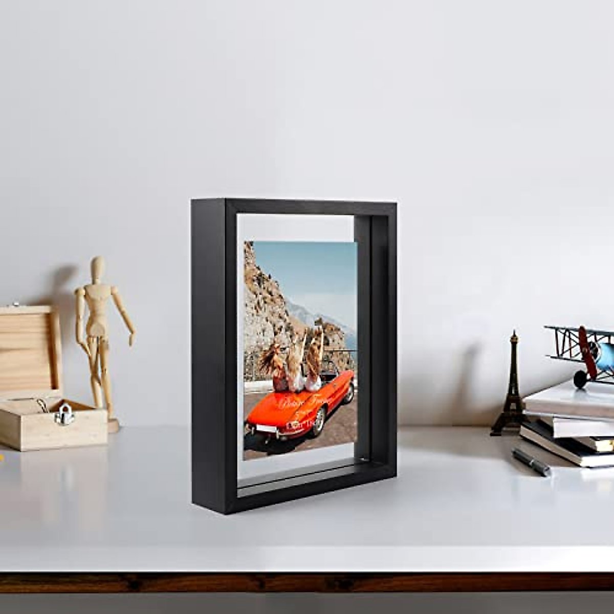 Trwcrt 5x7 Picture Frame Set of 4, Double Glass Floating Photo Frames Display up to 7 x 9 Photos for Desktop or Wall Hanging, Black