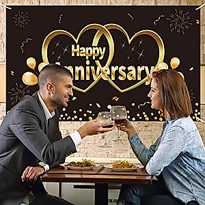 Kauayurk Happy Anniversary Banner Backdrop Decorations, Extra Large Wedding Anniversary Party Poster Supplies, Black Gold Anniversary Decor Photo Booth for Outdoor Indoor(6X3.6ft)