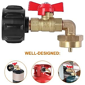 BouPower QCC1/Type1 Propane Refill Elbow Adapter with ON-Off Control Valve & 2pcs Refill 1 LB Propane Bottle Caps for Camping Grill 1lb Propane Gas Bottle Tank from 5-40LBS Cylinder