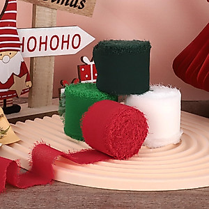 4 Rolls Christmas Ribbons, 1.5" x 32Yds Chiffon Ribbons Handmade Fringe Christmas Chiffon Ribbons for Christmas Gift Wrapping Party DIY Crafts