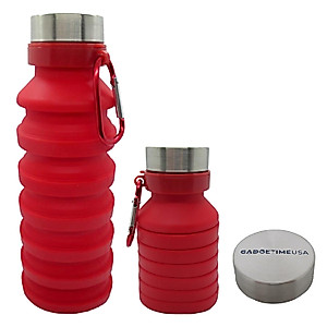 Gadgetime USA Collapsible Water Bottle (Red) Reusable, BPA Free, Silicone, Foldable Portable & Leak Proof - Water Bottles for Travel Gym Camping Hiking - Sports Water Bottle with Carabiner