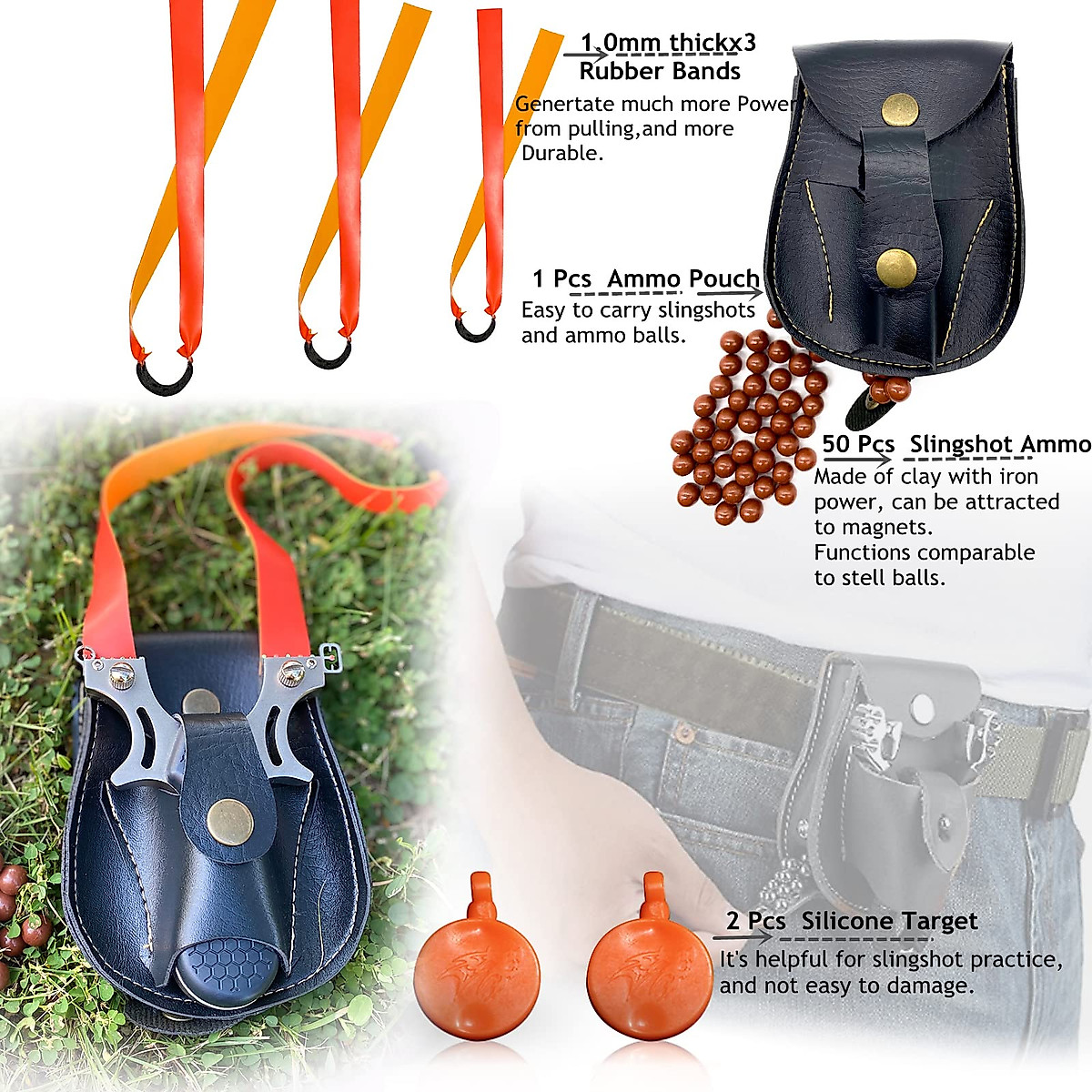 RRLOM Solid Slingshot Set, Outdoor Professional Slingshot for Hunting, Stainless Steel High Velocity Catapult Sling Shot for Adults with 1 Ammo Pouch,50 Ammo Balls and 3 Rubber Bands