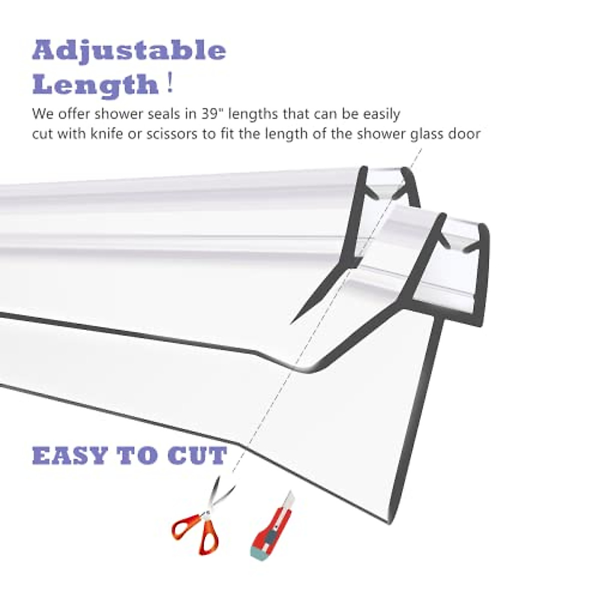 GEZMR 2-Pack Frameless Shower Door Bottom Seal (1/4'' X 39'') Clear Glass Seal Strip Shower Door Sweep can Covers up to 23mm Gap - Stop Shower Leaks