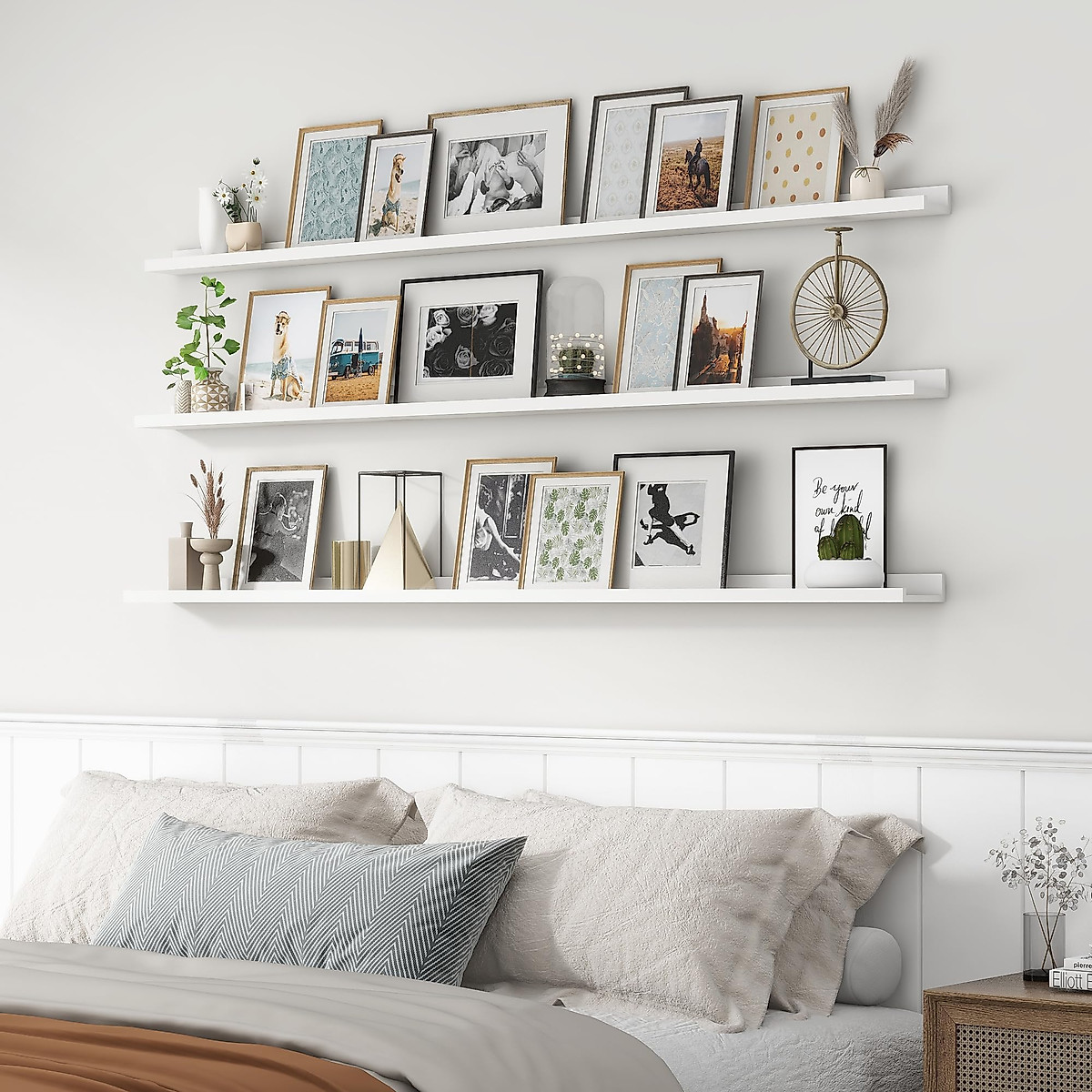 Axeman White Picture Ledge Shelf 72 Inches Long, Floating Shelves for Photo Frame Display, Wall Mounted Floating Shelves with Lip for Kids' Room, Living Room, Home Office - White