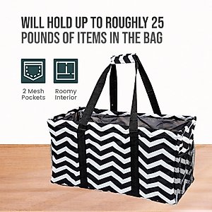 Lucazzi Extra Large Utility Tote Bag - Oversized Collapsible Reusable Wire Frame Rectangular Canvas Basket With Two Exterior Pockets For Beach, Pool, Laundry, Car Trunk, Storage - Chevron Black