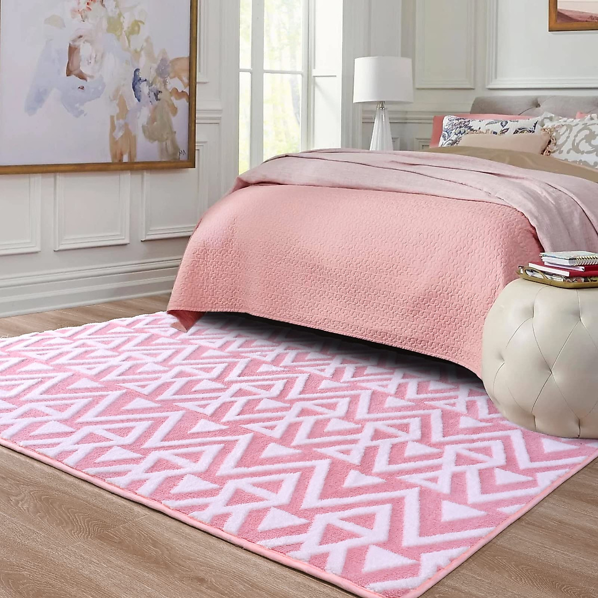 Ompaa Ultra Soft Shaggy Rugs Memory Foam Bedroom Carpet, Pink 3 x 5 Feet, Plush Geometric Textured Area Rugs for Living Room Couch Dorm Bedside Kids Girls Teens Room Nursery Decor Floor Mat