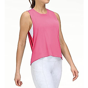 THE GYM PEOPLE Women's Open Cross Back Workout Tank Tops Loose Fit Sleeveless Yoga Running Shirts Bright Pink