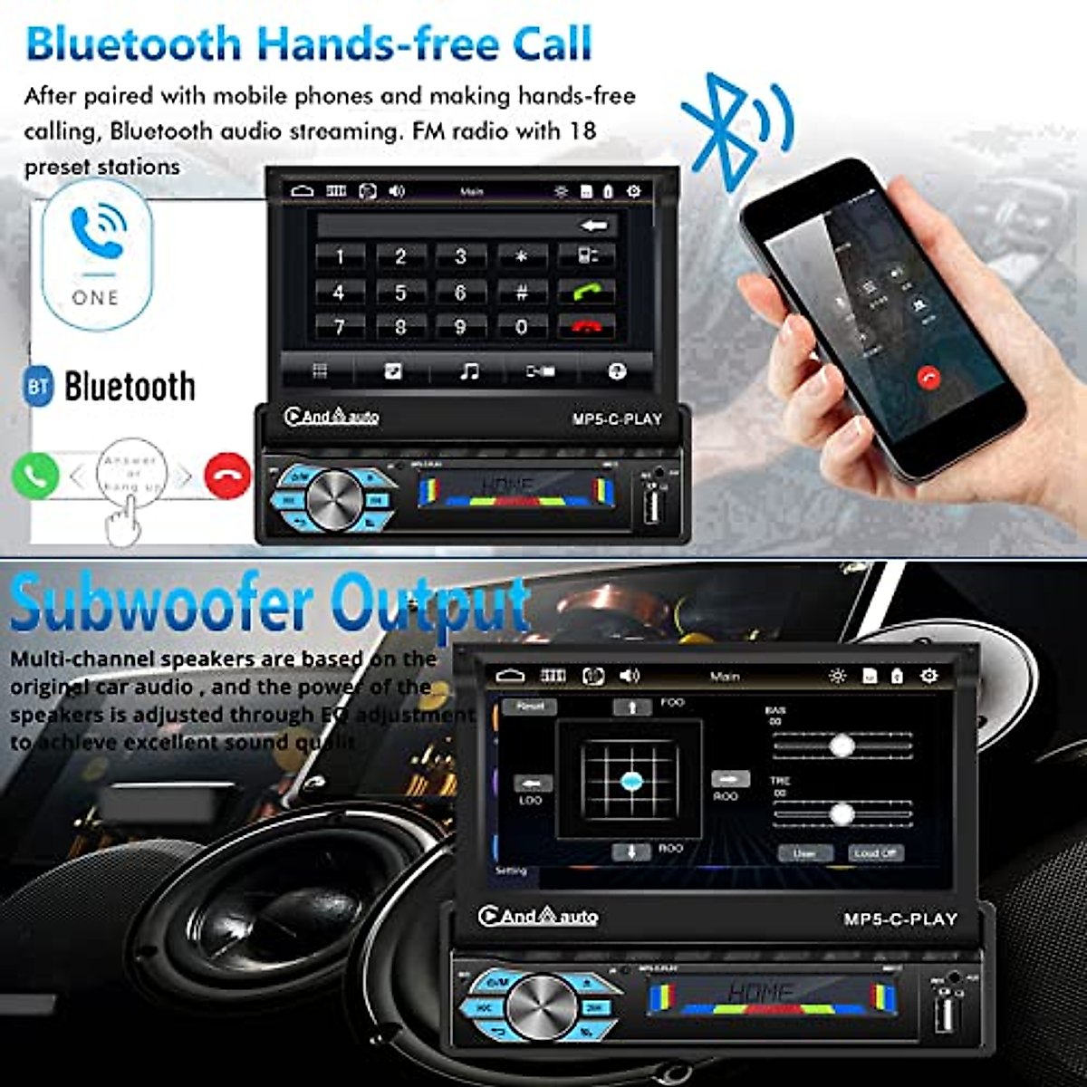 CarThree Single Din Apple Carplay Car Stereo with Bluetooth and Backup Camera, 7inch flip Out Touch Screen Car Radio MP5 Player Support Android Auto,Subwoofer Mirror Link,USB,TF,FM,Aux-in,SWC