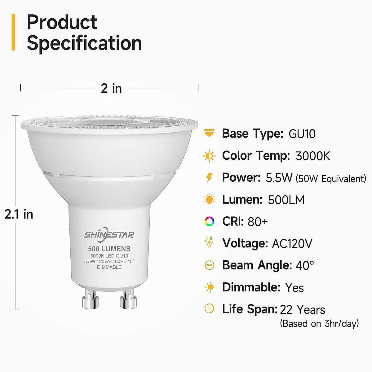 SHINESTAR 6-Pack MR16 LED Bulb, GU10 Base, 5.5W (50W Equivalent), 3000K Warm White, Dimmable Spotlight Bulb