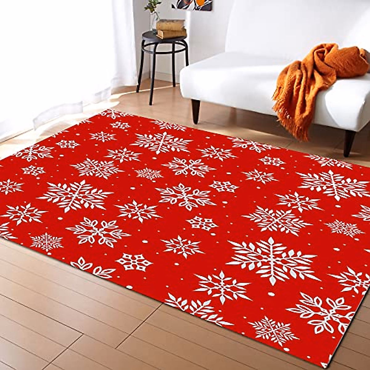 Christmas Area Rugs Living Room Floor Mat Christmas Snowflake Red Texture Collection Non-Slip and Washable Carpets for Indoor Bedroom Kids Room Home Decor, 2x3 Feet