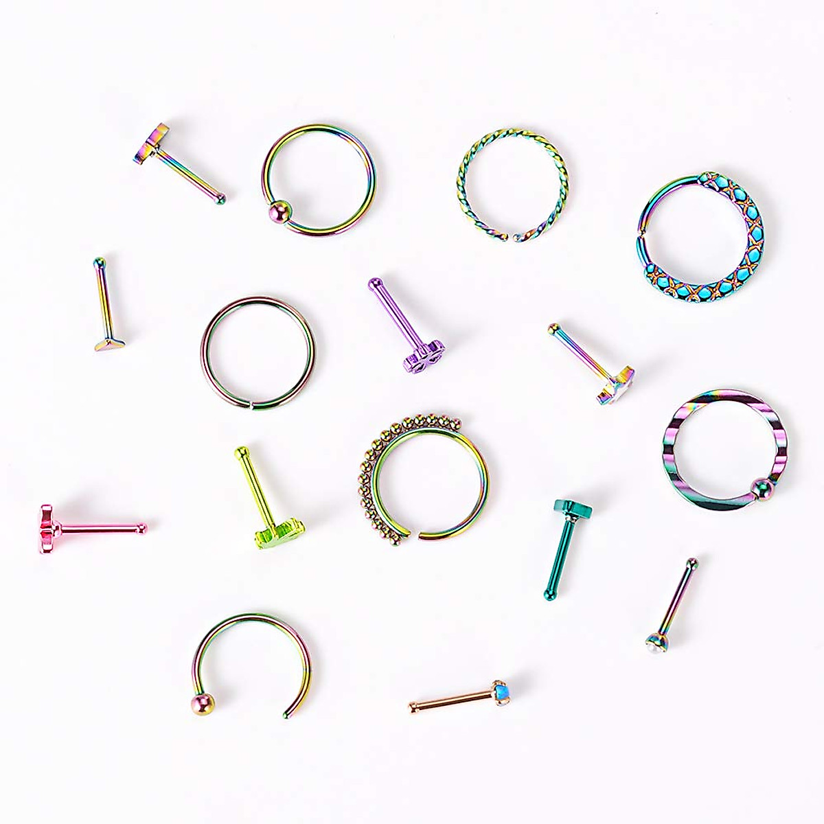 WASOLIE 16 PCS Nose Rings for Women 316L Stainless Steel Nose Piercings Jewelry Upgrade Screw Men Nose Studs Rings.