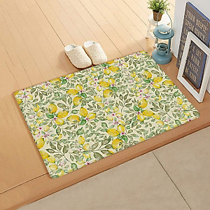 Yellow Fruit Lemon Leaves Antifatigue Kitchen Bath Door Mat Cushioned Runner Rug, Washable Welcome Floor Sink Mat, Pink Floral Waterproof & Non-Slip Comfort Standing Doormat for Kitchen, 18"x30"