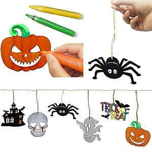 Hidreas 60Pcs Halloween Crafts Unfinished Wooden Ornaments Halloween Craft Kit DIY Wood Cutouts with 60 Pcs Twine Ropes Halloween Crafts for Kids