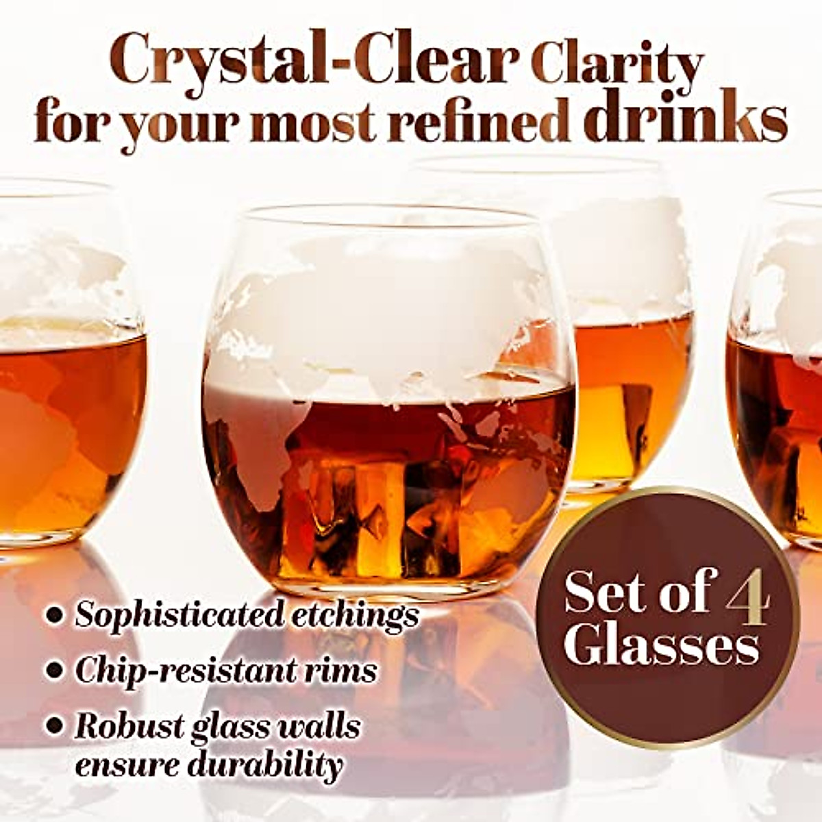 Kemstood Globe Whiskey Decanter Set - Etched World Design with Wooden Base & 4 Glass - Ideal for Dignified Drinking, Home Decor - Unique Whiskey Gifts for Men, Father - 850ml Capacity for Long Storage