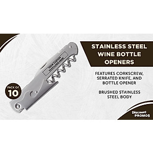 10 Valencia Stainless Steel Wine Bottle Openers Set - Customizable Text, Logo - Corkscrew, Serrated knife, Perfect for Bars - Silver