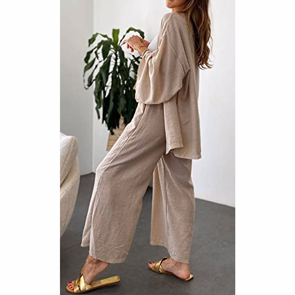 Asskdan Womens 2 Piece Outfits Lounge Sets Linen High Waisted Pants Oversized Cardigan (x_l, Apricot)