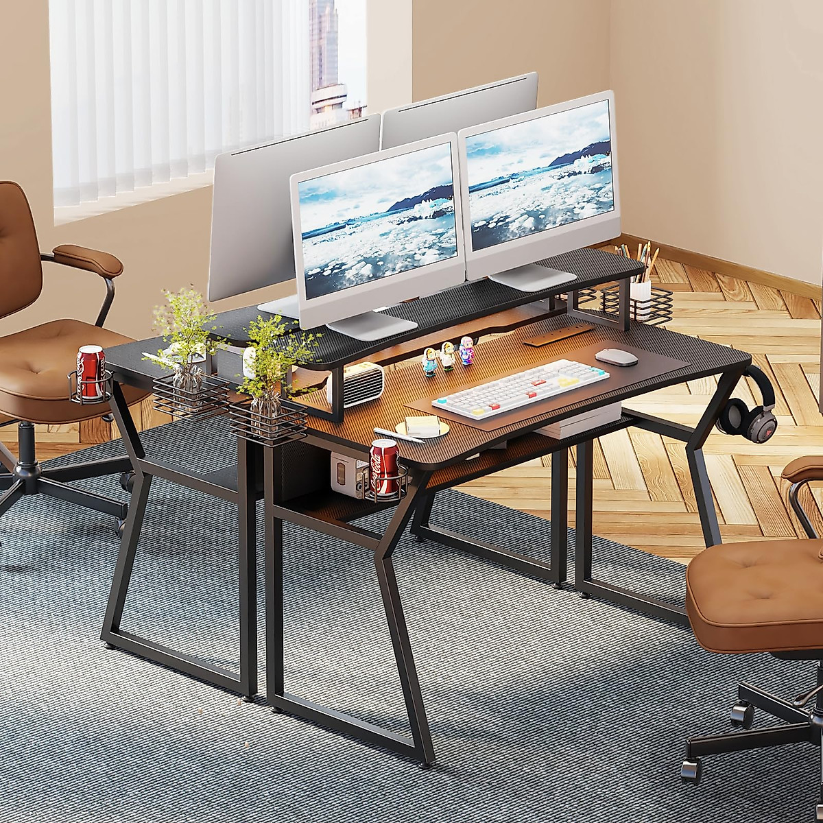 TREETALK Gaming Desk with Power Outlet&Led Lights, Computer Desk with Monitor Stand and Open Shelf,Gamer Table Workstation with Cup Holder, Headphone Hook, 2 Speaker Stand for Home Office