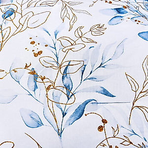 Blue Botanical Duvet Cover Set Queen, 3 Pieces Reversible Blue Gold Leaves Printed Bedding Set with Zipper Closure, Soft Microfiber Flower Duvet Cover Queen 90"x90"(Not Comforter)