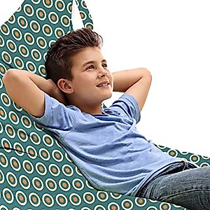Lunarable Vintage Lounger Chair Bag, Orange Polka Dots in Circles on Blue Toned Background Classical Retro Style, High Capacity Storage with Handle Container, Lounger Size, Teal Cream Orange