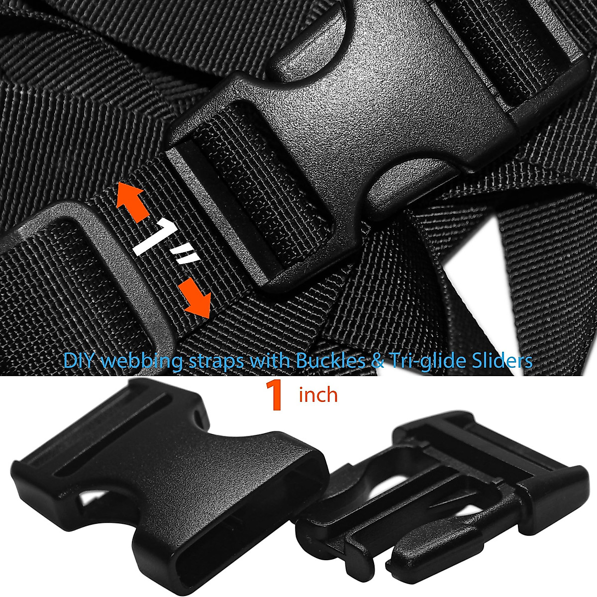 1" Straps and Buckles Set: 6 Yard Nylon Webbing 1 inch (25 mm) Wide, 6 Pack Side Release Buckle, 12 pcs Tri-Glide Sliders, Plastic Clip Quick Fastener Replacement Heavy Duty Dual Adjustable No Sew