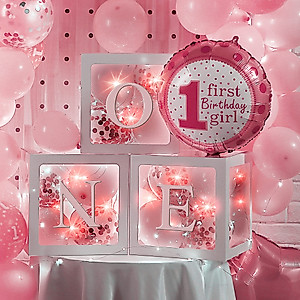First Birthday Balloons Boxes, ONE Transparent White Balloon Blocks with 3 LED String Lights and 32 Balloons for Girl Boy Baby 1st Birthday Party Decorations Photo Shoot Prop (Pink)
