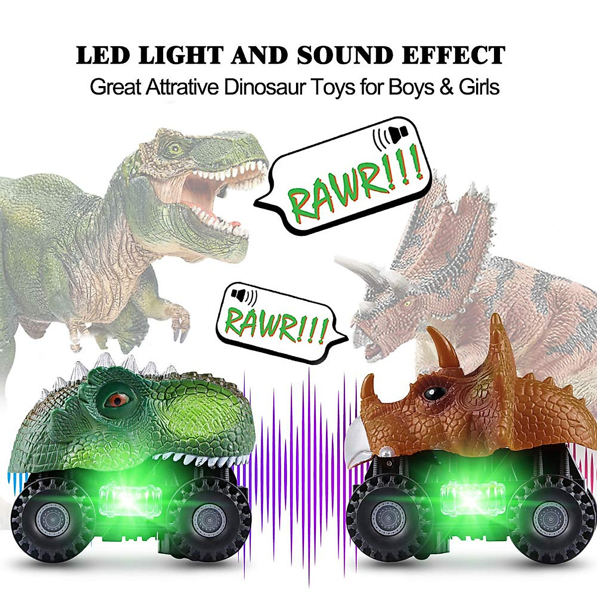 Whongkidz Dinosaur Toy Cars 2 Pack Set for Boys Girls Toddler Kids Toys Dino Car with LED Lights and Sounds Effect Automatic Dino Truck