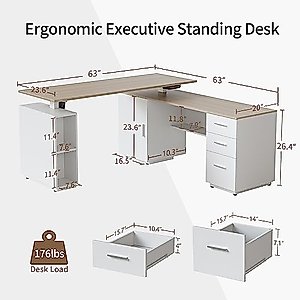 CubiCubi 63" L Shaped Executive Standing Desk with 3-Drawer File Cabinet, Electric Height Adjustable Stand up Desk for Home Office, Computer Desk with Storage Cabinets, White Frame/Light Walnut Top